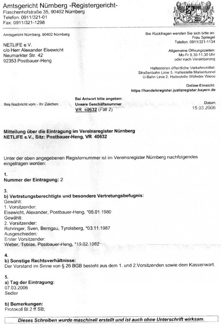 Registerauszug 2006 – Netlife e.V.